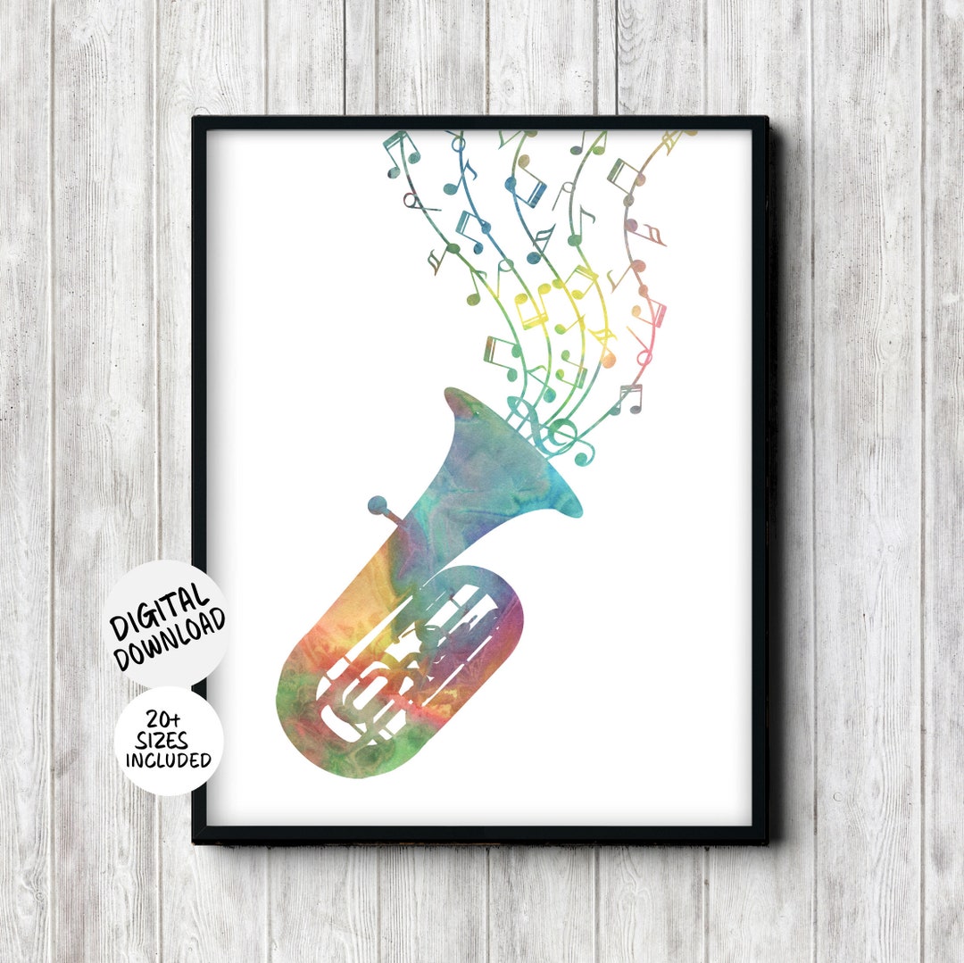 Printable Music Wall Art - Watercolor Tuba Print With Music Notes ...