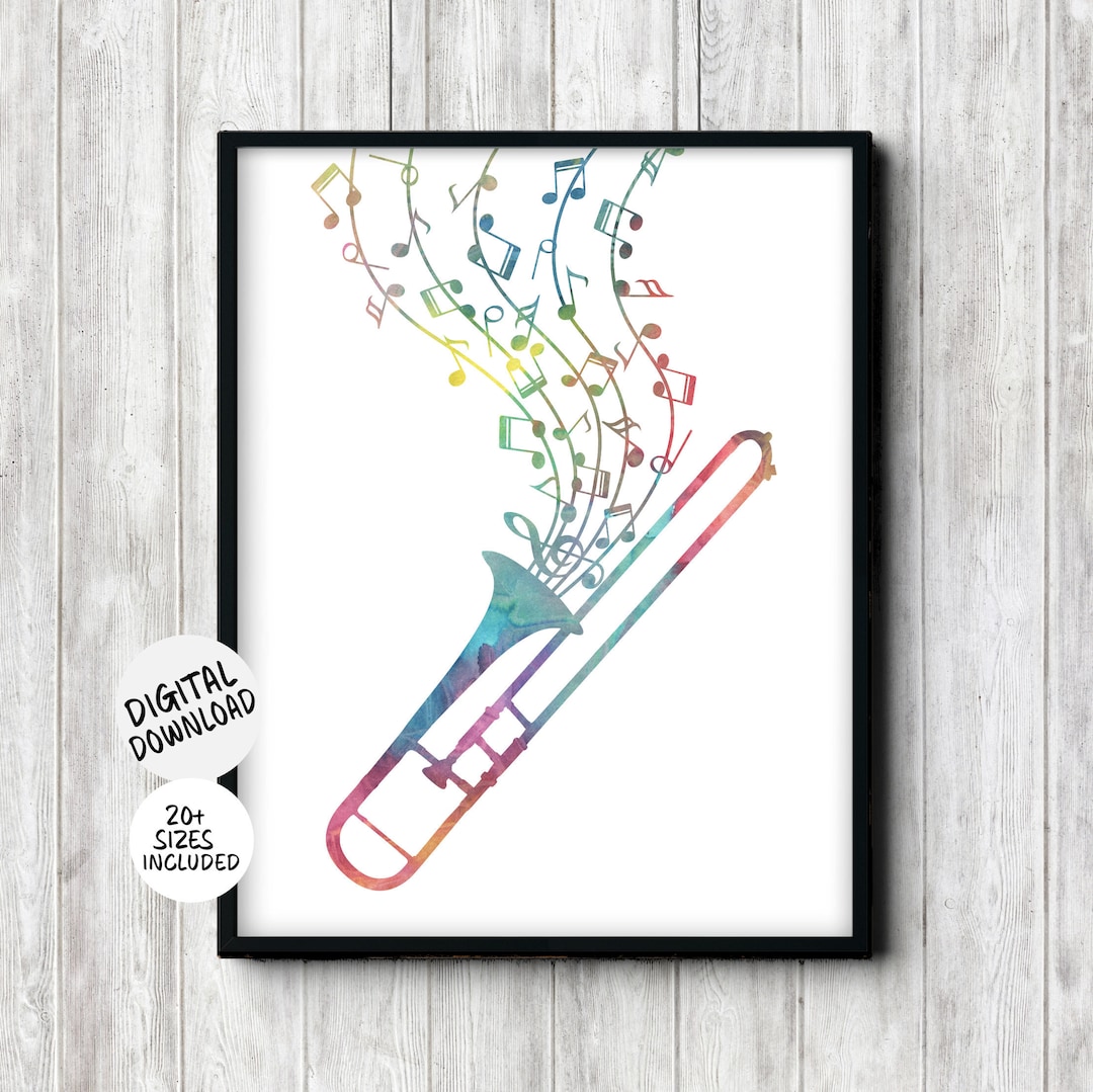 Printable Watercolor Trombone Art With Music Notes - Colorful Music ...