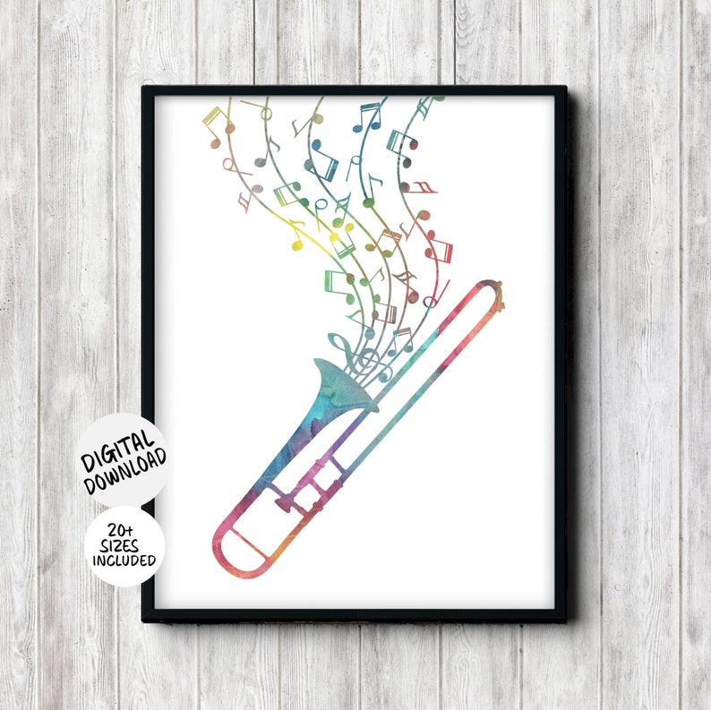 Printable Watercolor Trombone Art With Music Notes - Colorful Music ...