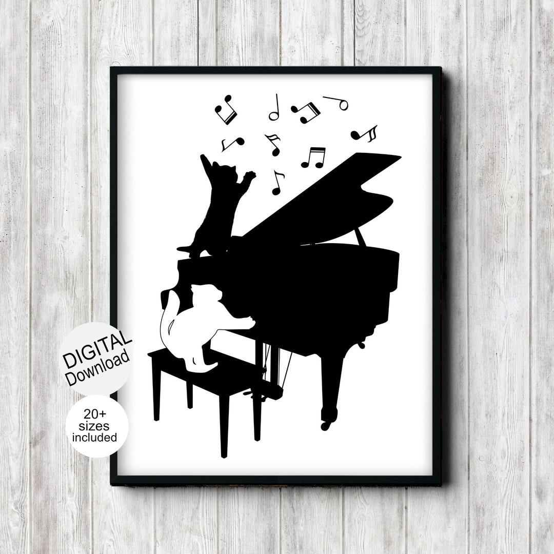 Piano Art Print With Cute Cats & Music Notes, Pianist / Piano Teacher ...