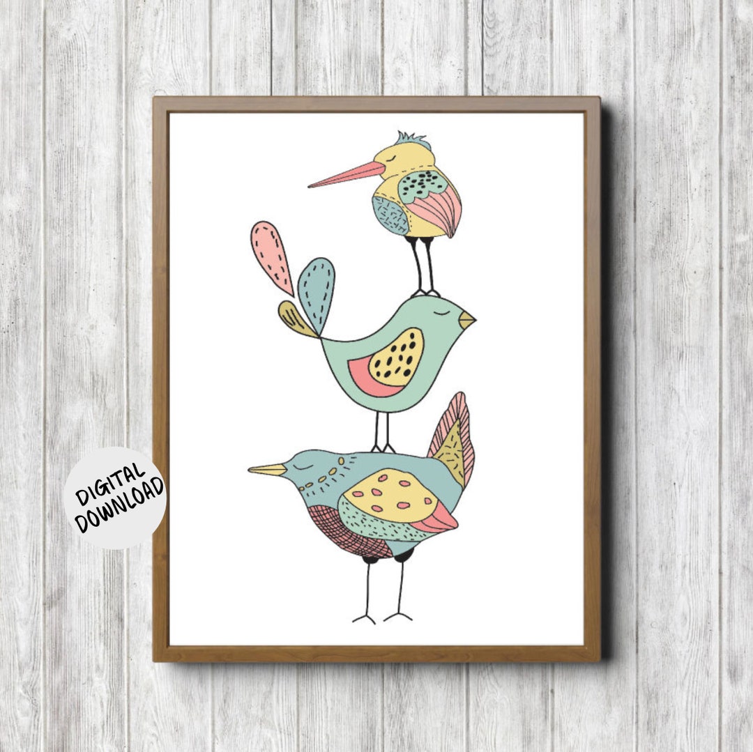 Quirky Bird Nursery Wall Art Printable - Whimsical Kids Room Wall Decor ...