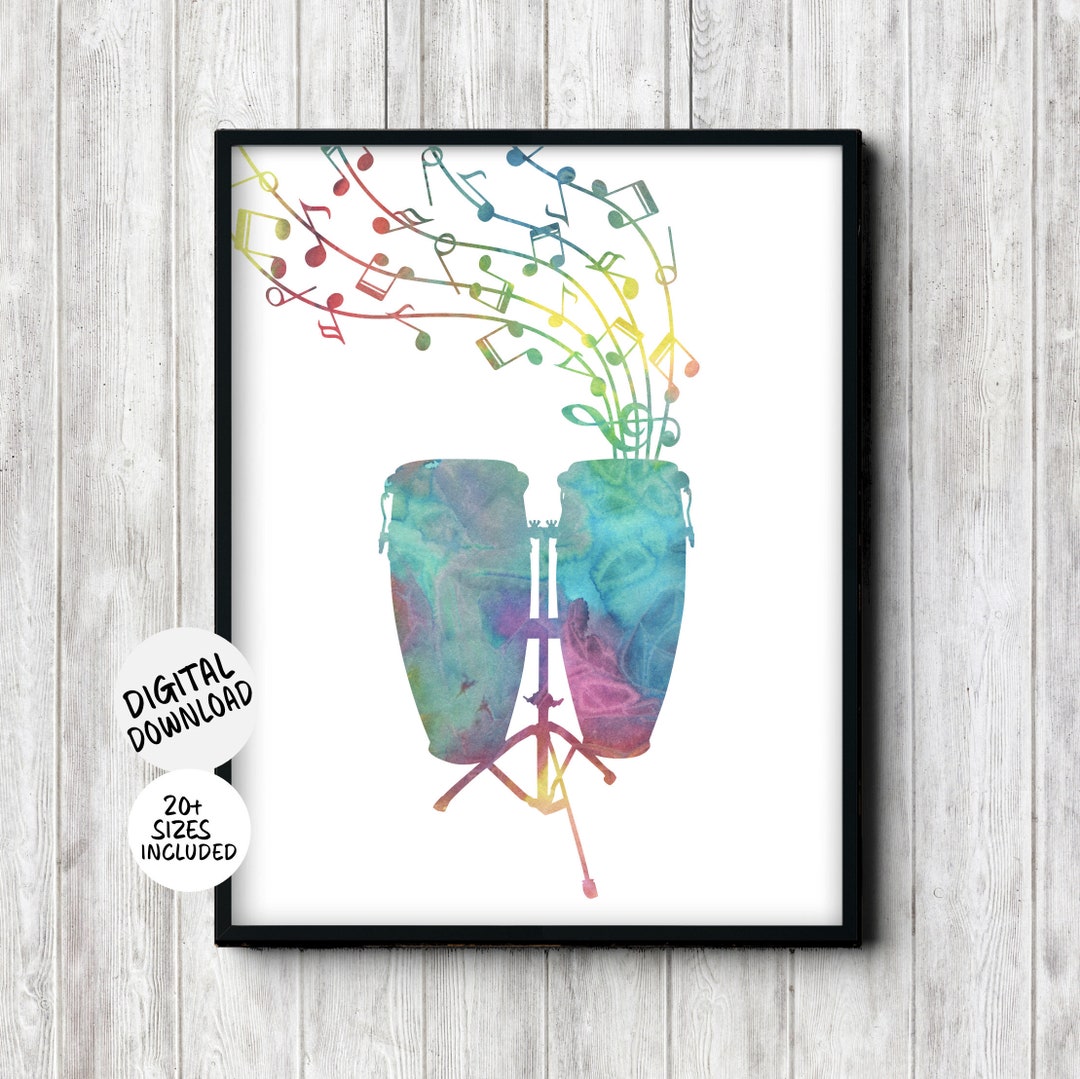 Conga Drums Silhouette With Music Notes Printable Poster - Music Theme ...
