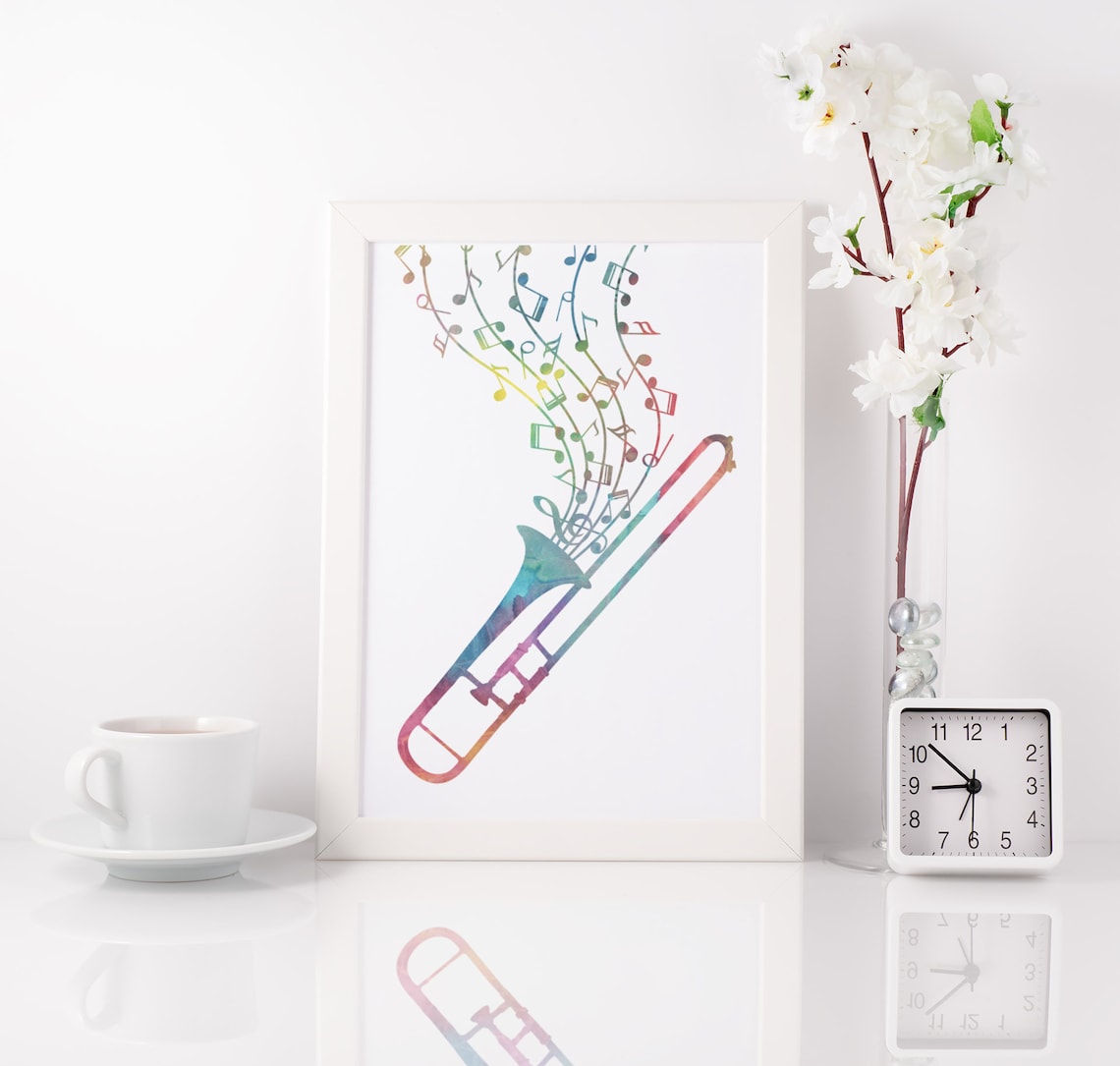 Printable Watercolor Trombone Art With Music Notes Colorful - Etsy