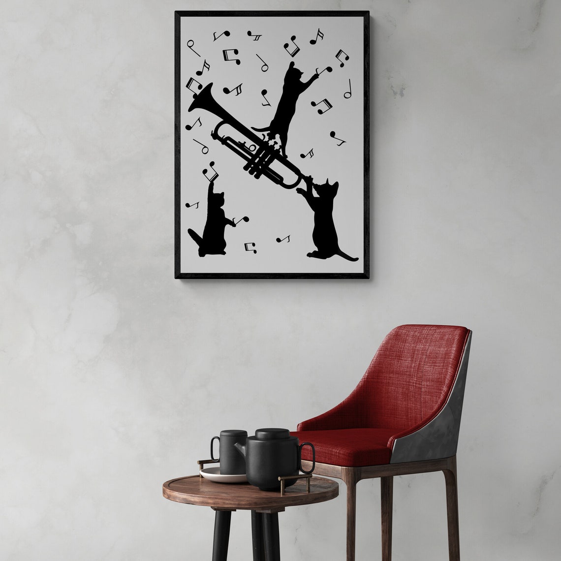 Cats Playing A Trumpet With Music Notes Printable Wall Art, Quirky Wall ...