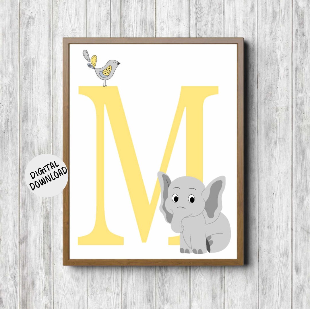 Yellow & Gray Letter M Monogram Nursery Printable Wall Art - Etsy