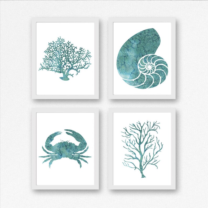 Set Of 4 Nautical Art Prints Printable Watercolor Nautilus | Etsy
