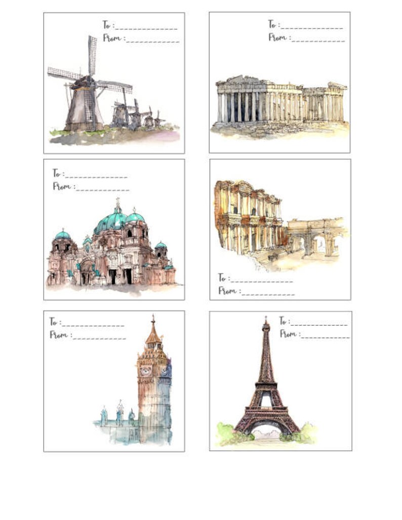 Printable Landmark Gift Tags Famous Watercolor Monument | Etsy