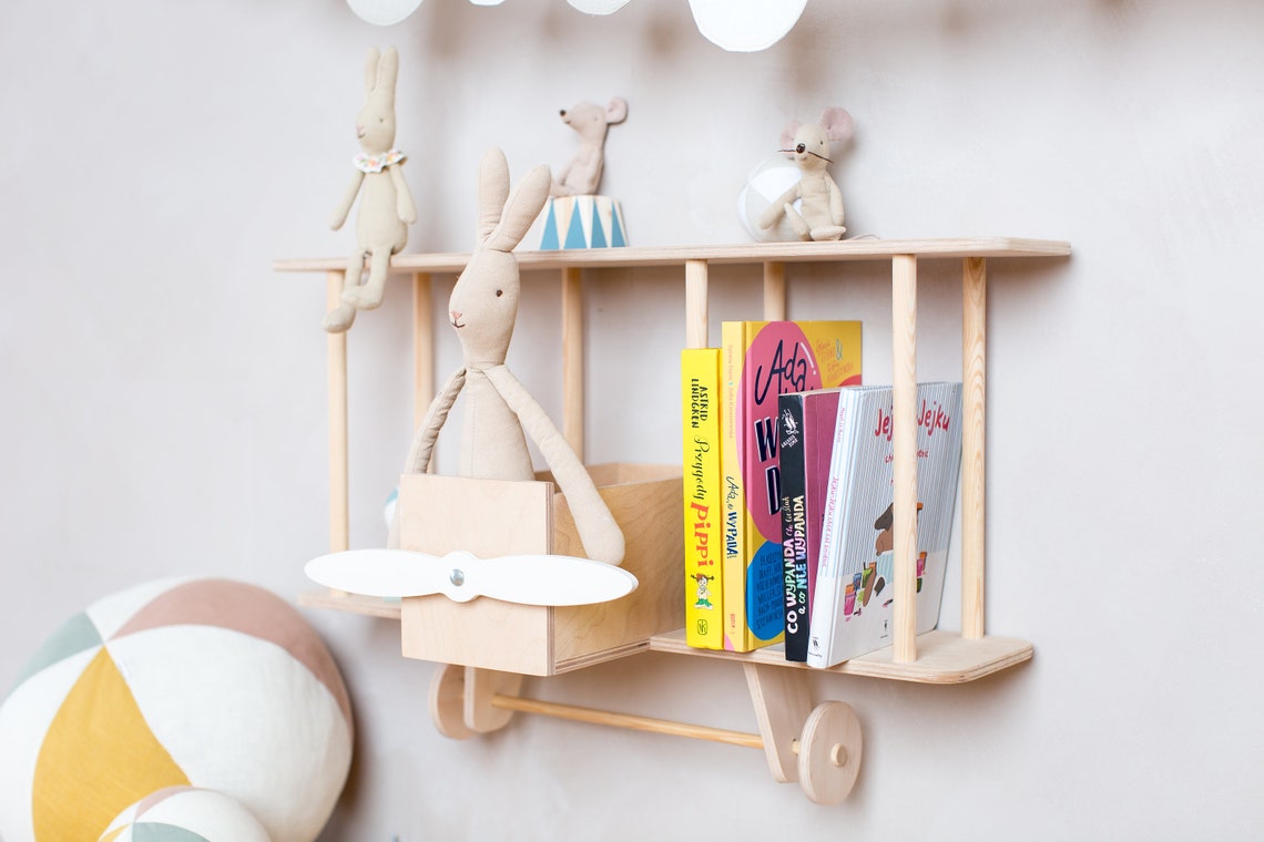 Airplane Shelf Natural Wood Children's Furniture Bookshelf Children's ...