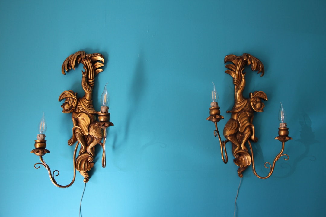 Opposing Pair of Wood Sconces Featuring Monkeys, Animals Decorated Wall ...