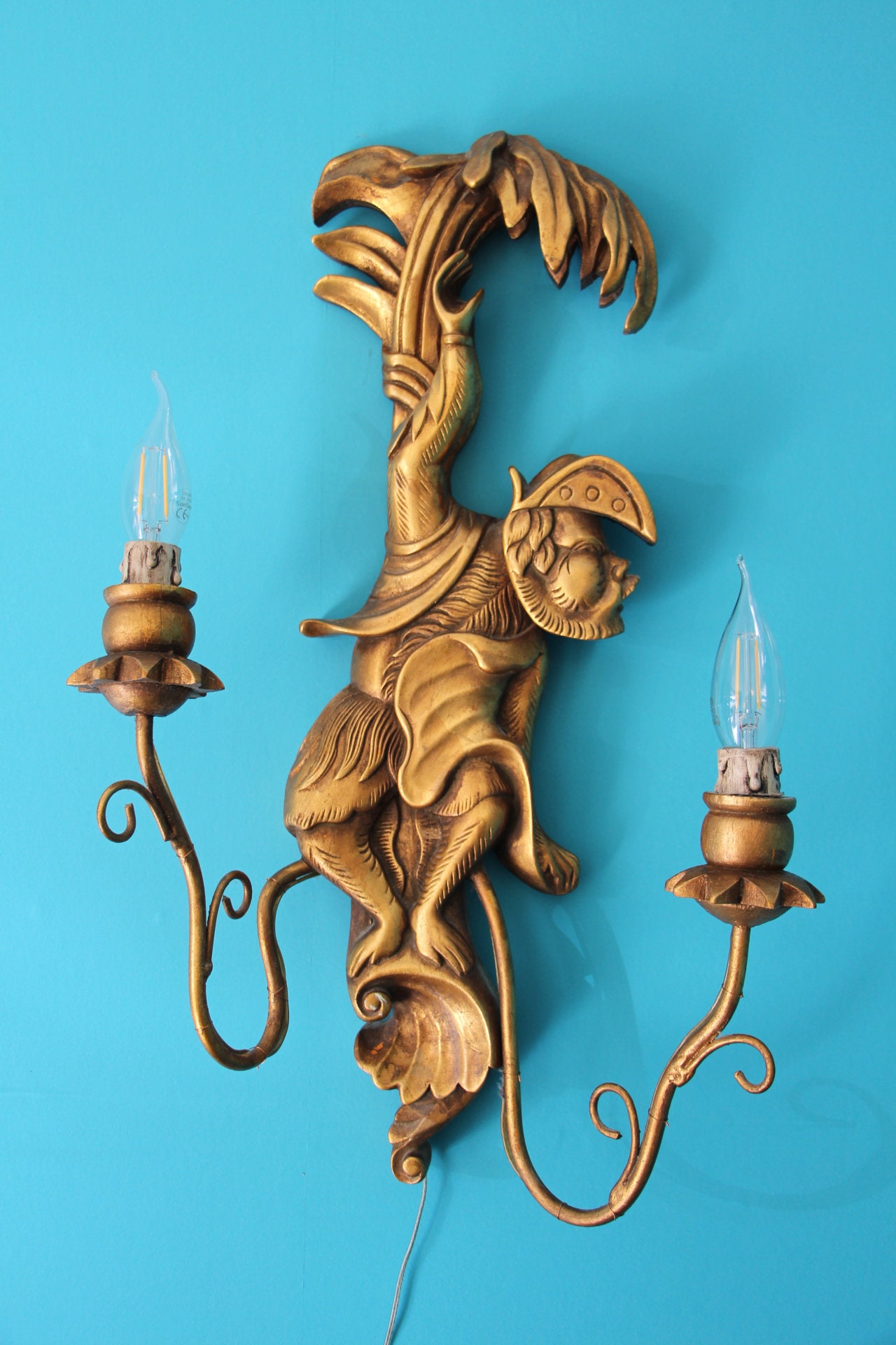 Opposing Pair of Wood Sconces Featuring Monkeys, Animals Decorated Wall ...