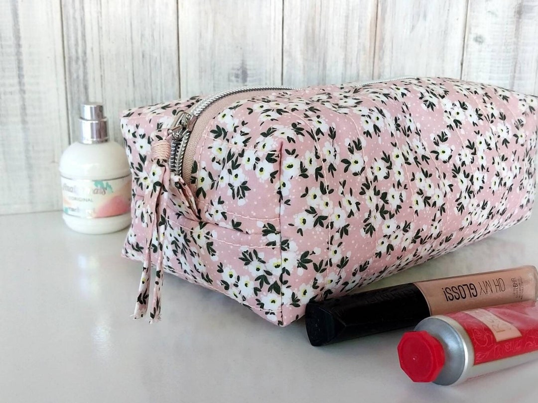 Quilted Pink Flower Buds Makeup Bag Large Cosmetic Boxy Zipper Pouch ...