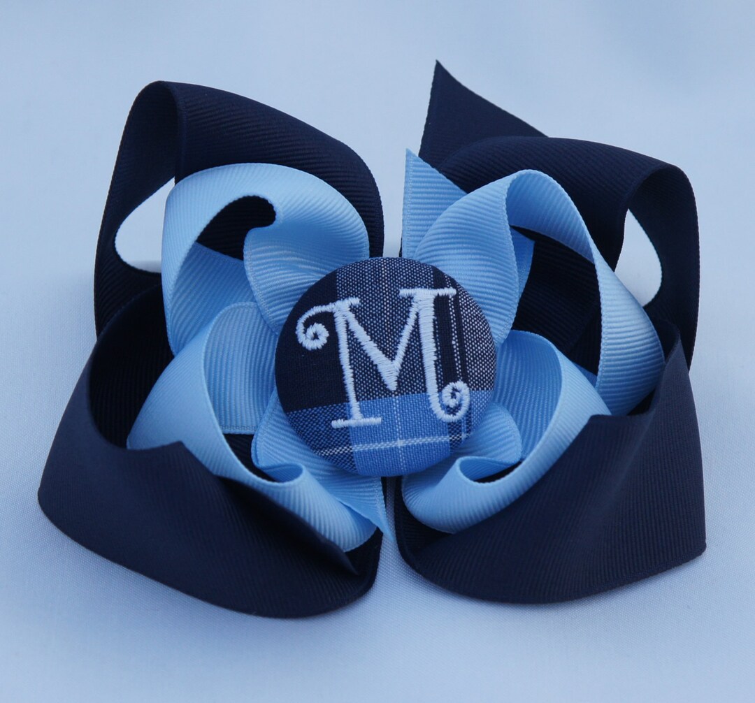 School Uniform Monogrammed Button Bow Clear Blue Plaid - Etsy