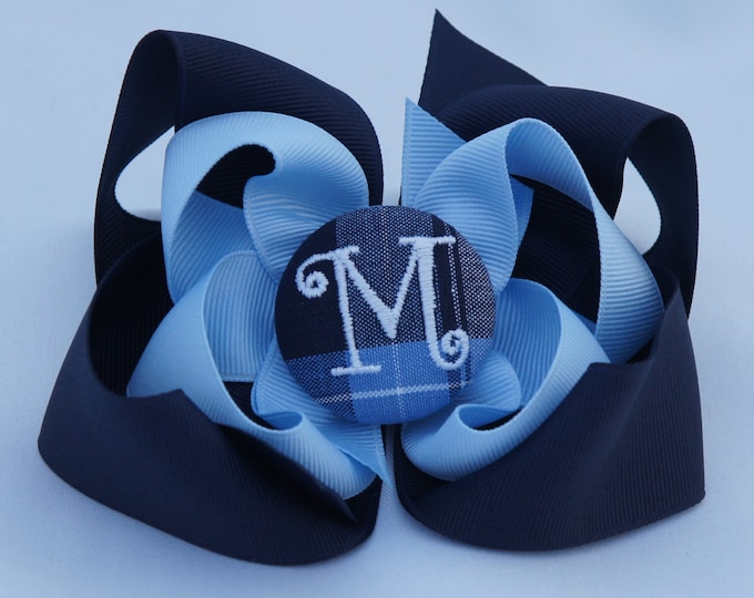 School Uniform Monogrammed Button Bow - Clear Blue Plaid - Etsy