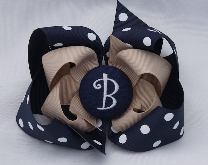 School Uniform Button Bow - Navy Dots and Khaki - Etsy