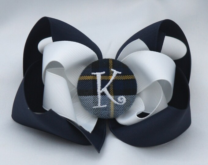 School Uniform Monogrammed Button Bow Classic Navy Plaid - Etsy