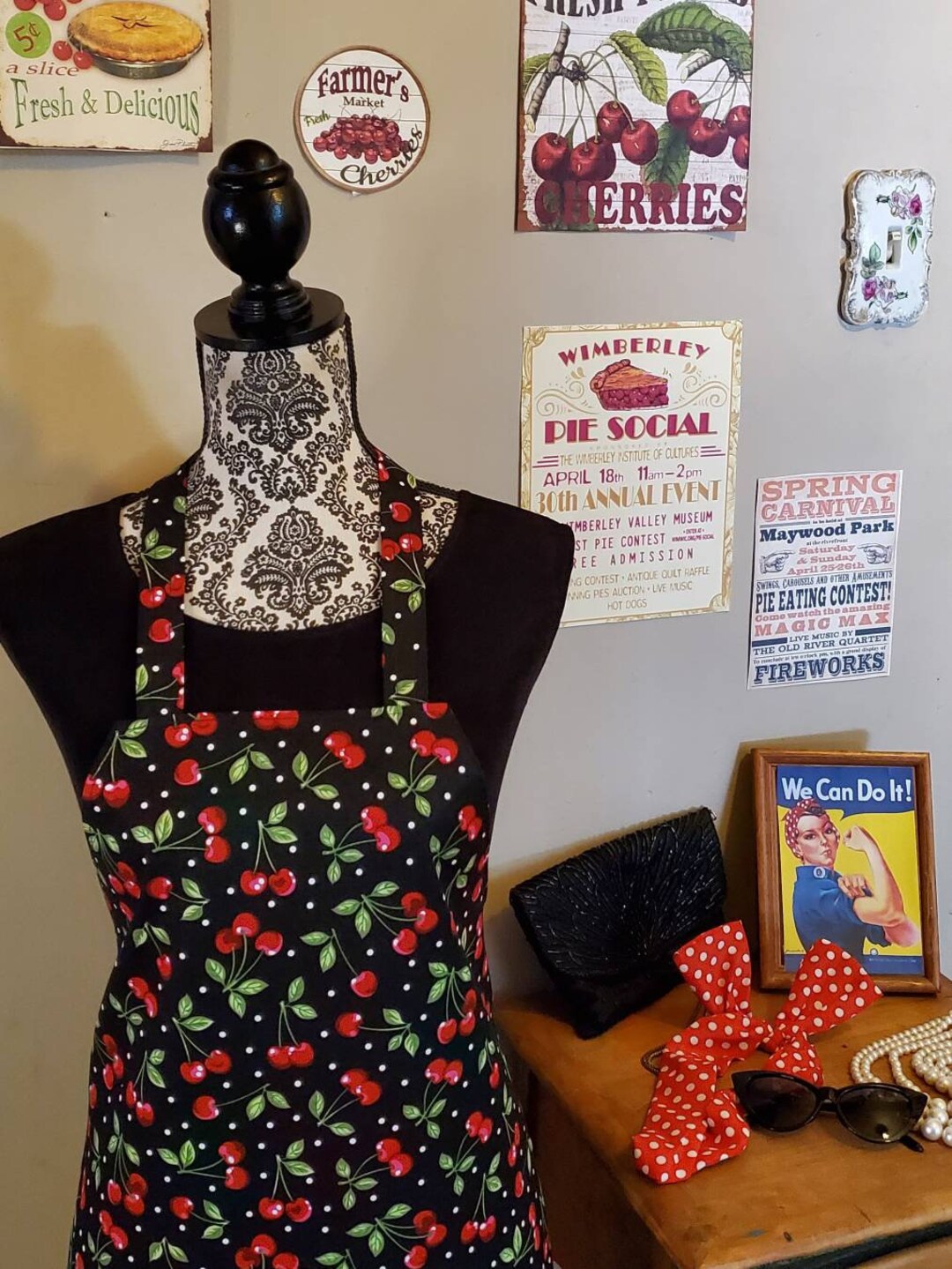 Very Cherry Apron - Cherries and Polka Dots - Etsy