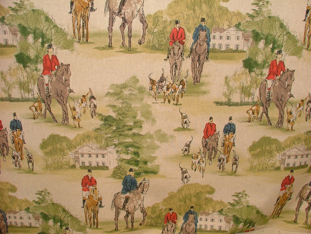 Horse and Hounds Hunting Linen Cotton Fabric Curtain Upholstery Cushion ...
