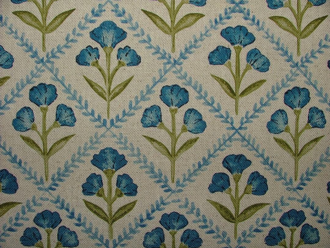 Devonshire Cornflower Blue Floral Linen Blend Fabric Curtain Cushion ...