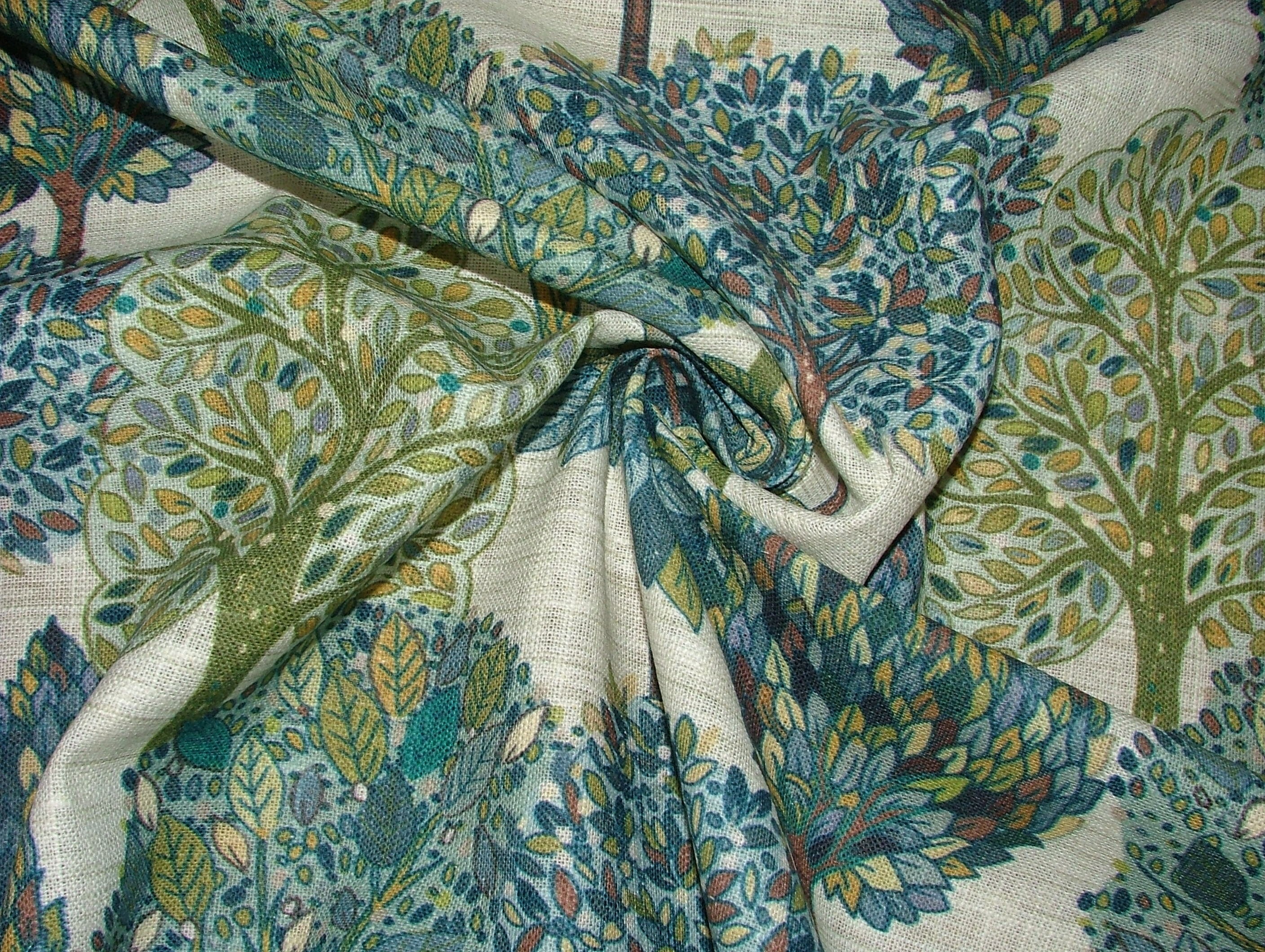 Foliage Fall Trees Teal Linen Blend Curtain Upholstery Cushion Blind ...