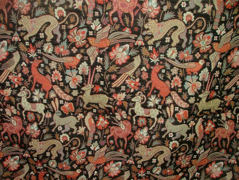 Black - Tudor Forest Tapestry Vintage Fabric - Curtain Upholstery ...