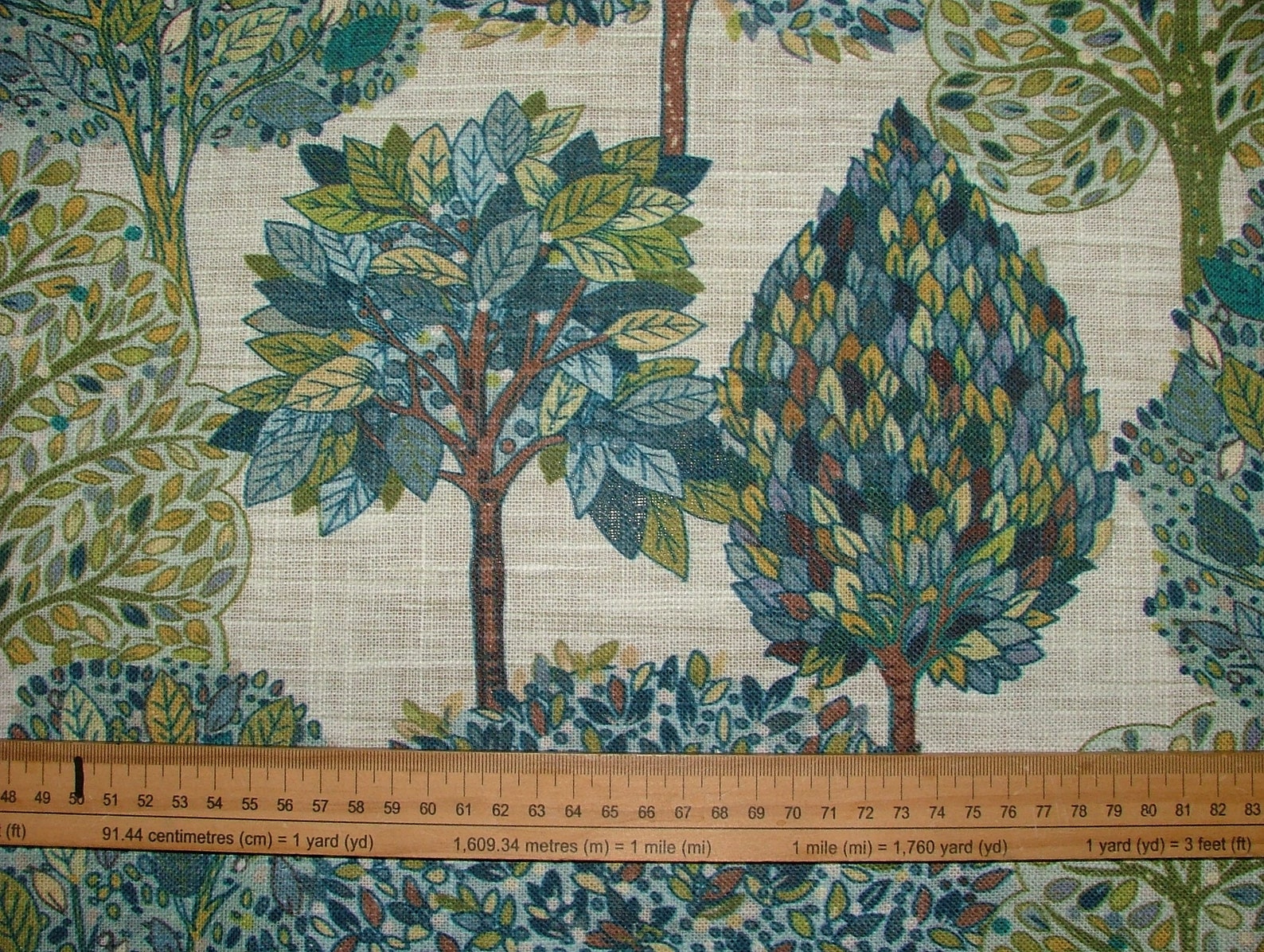 Foliage Fall Trees Teal Linen Blend Curtain Upholstery Cushion Blind ...