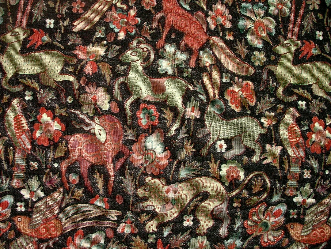 Black - Tudor Forest Tapestry Vintage Fabric - Curtain Upholstery ...