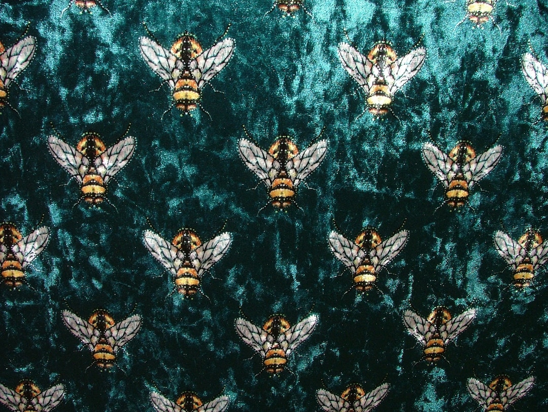 Petrol Luxurious Bees Plush Velvet Bee Fabric Curtain Upholstery ...