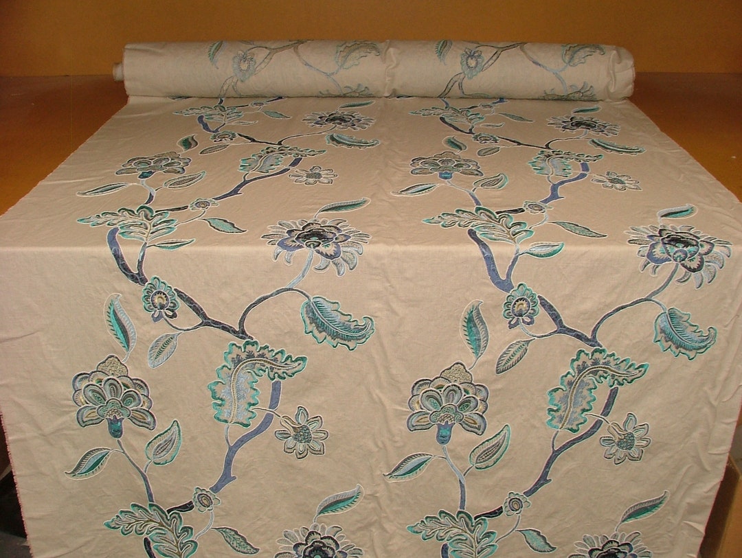 Iliv Lucia Indigo Linen Cotton Embroidered Fabric Curtain Upholstery ...