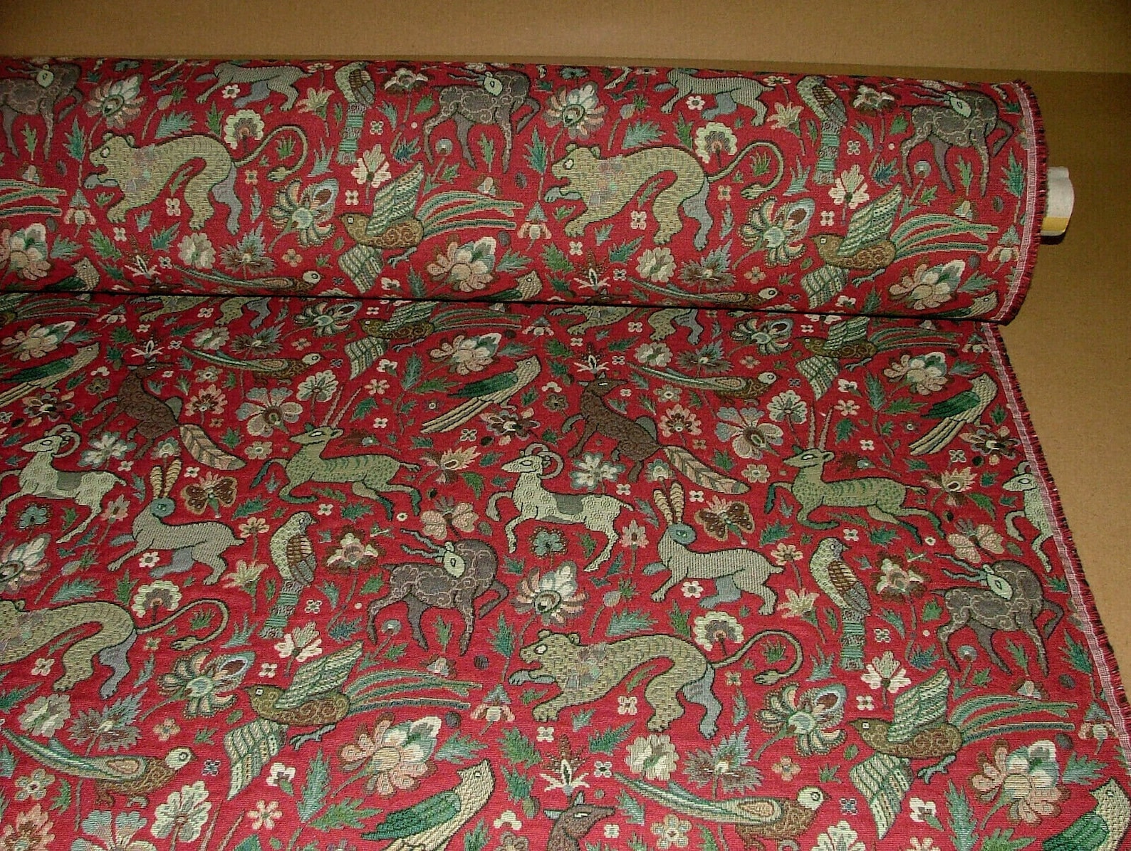 Red - Tudor Forest Tapestry Vintage Fabric - Curtain Upholstery ...