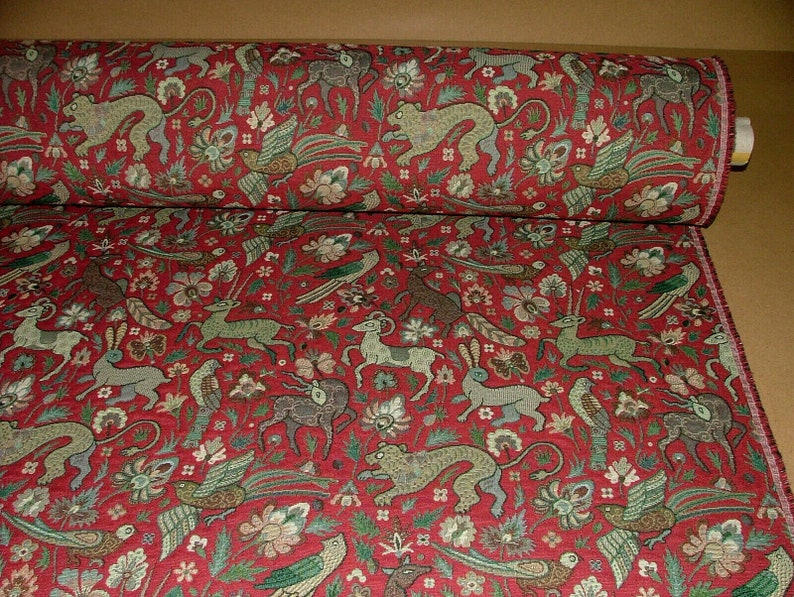 Red - Tudor Forest Tapestry Vintage Fabric - Curtain Upholstery ...