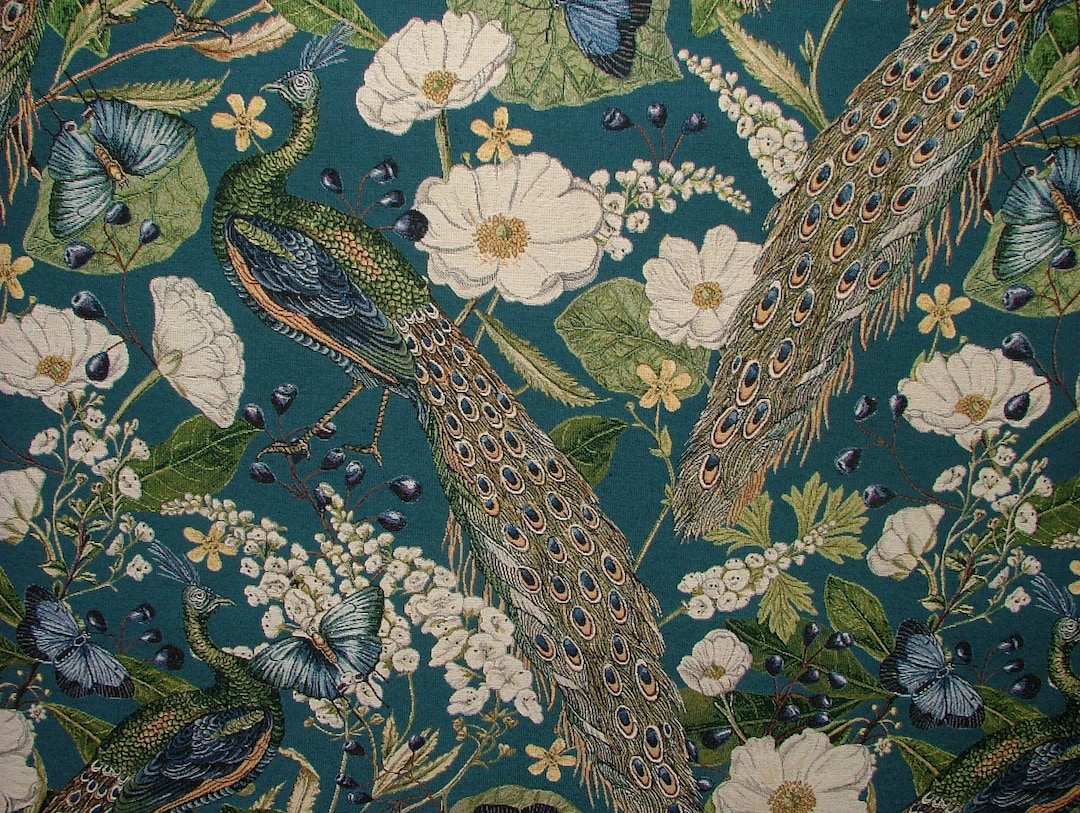Peacock Teal Tapestry Fabric Curtain Upholstery Cushion Blanket Throws ...