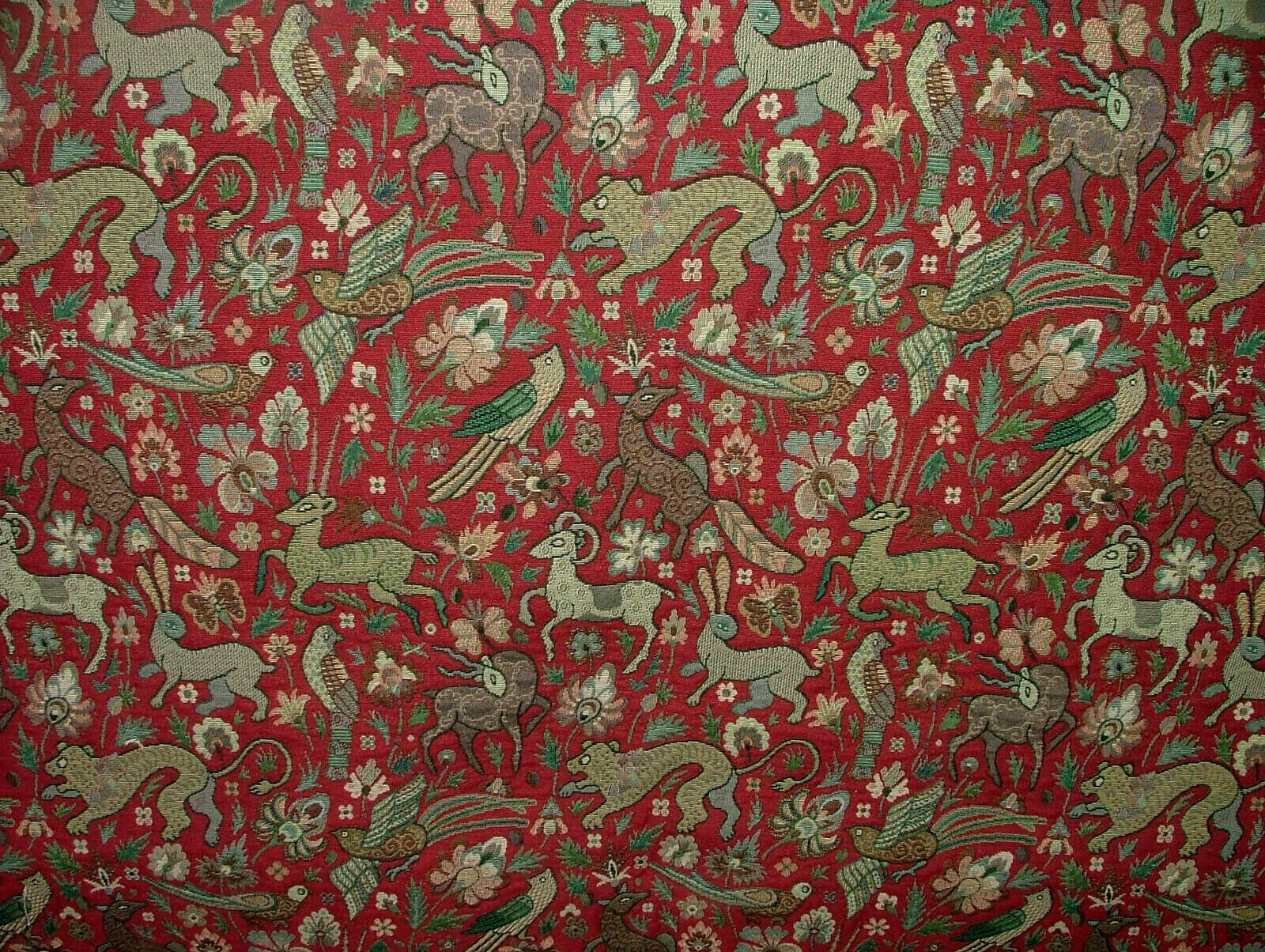 Red - Tudor Forest Tapestry Vintage Fabric - Curtain Upholstery ...