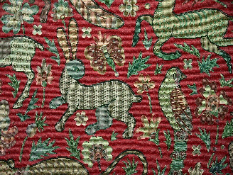 Red - Tudor Forest Tapestry Vintage Fabric - Curtain Upholstery ...