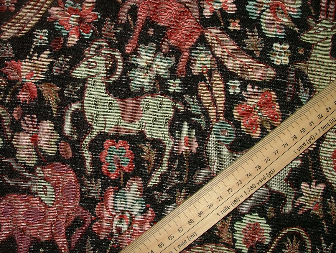 Black - Tudor Forest Tapestry Vintage Fabric - Curtain Upholstery ...