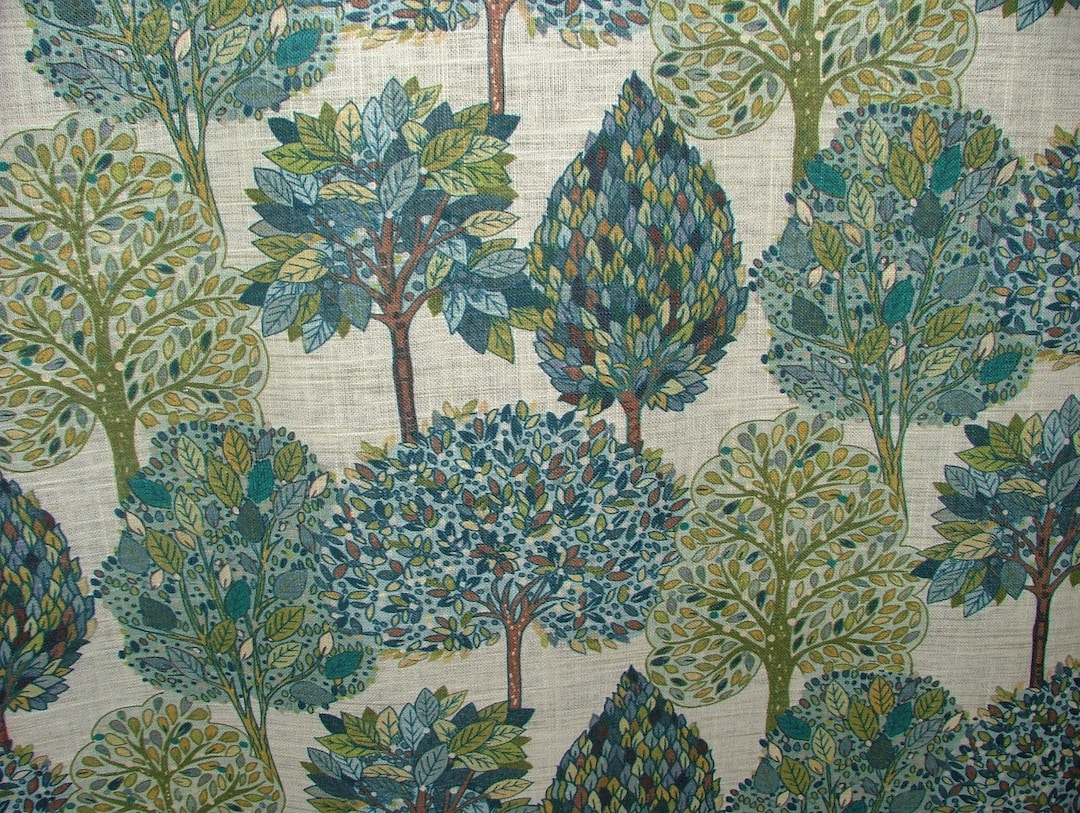 Foliage Fall Trees Teal Linen Blend Curtain Upholstery Cushion Blind ...