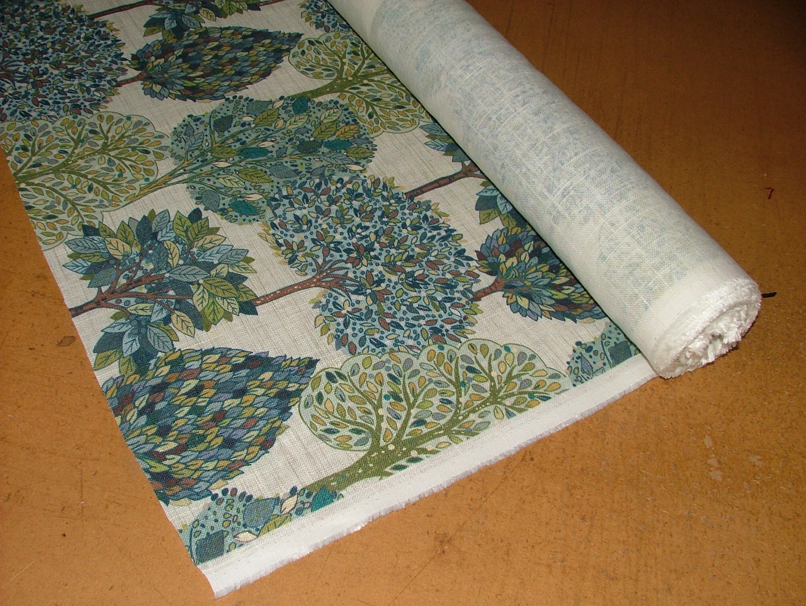 Foliage Fall Trees Teal Linen Blend Curtain Upholstery Cushion Blind ...