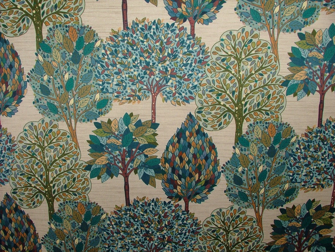 Foliage Fall Tree Teal Velvet Designer Fabric Curtain Upholstery ...