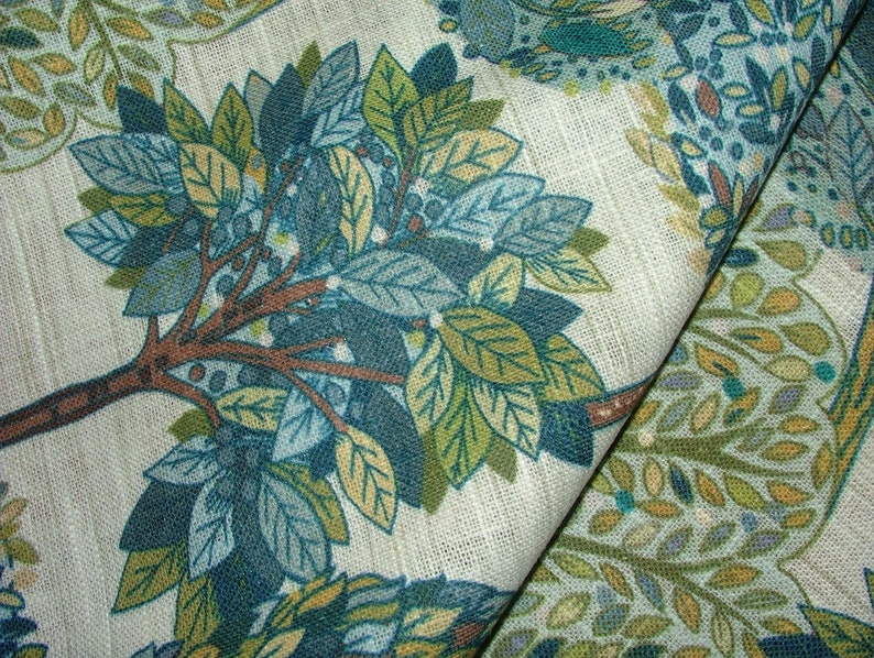Foliage Fall Trees Teal Linen Blend Curtain Upholstery Cushion Blind ...