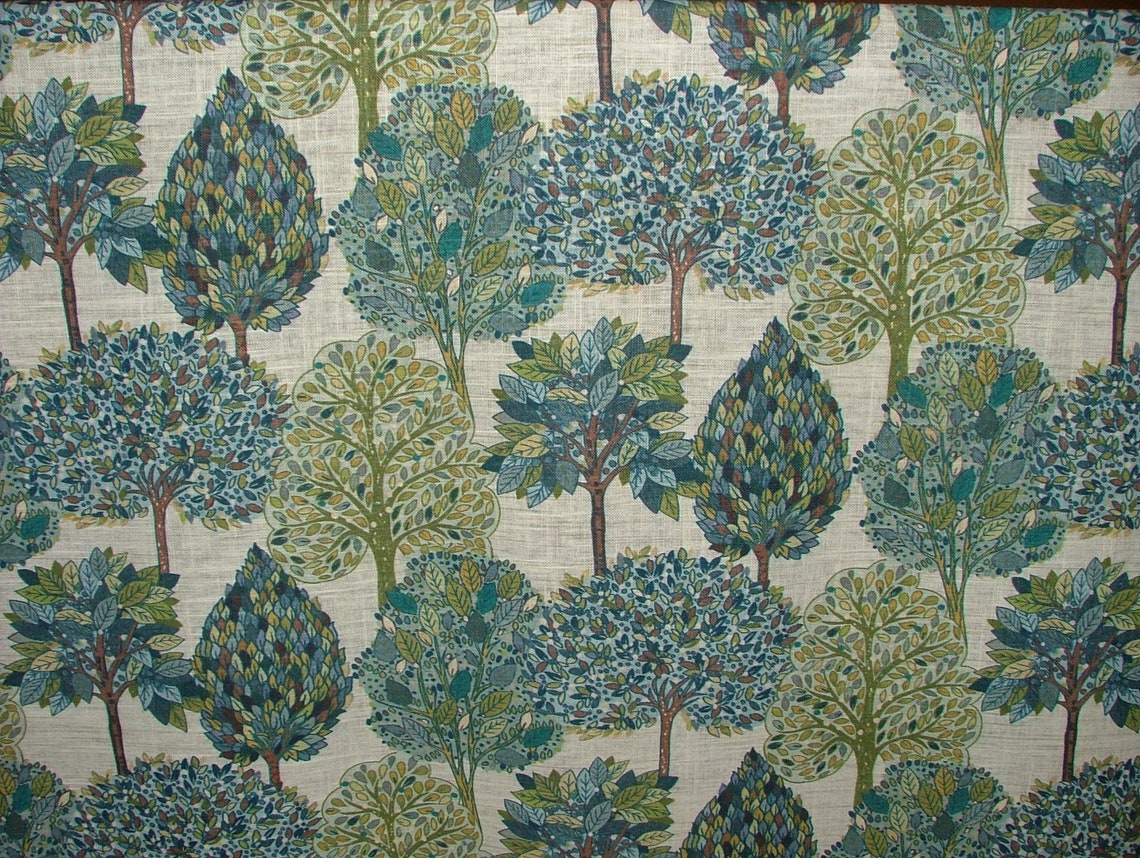 Foliage Fall Trees Teal Linen Blend Curtain Upholstery Cushion Blind ...