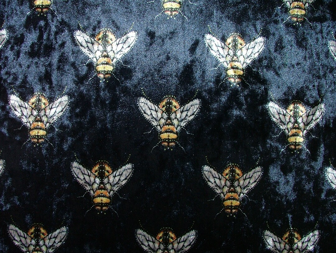 Navy Blue Luxurious Bees Plush Velvet Bee Fabric Curtain Upholstery ...