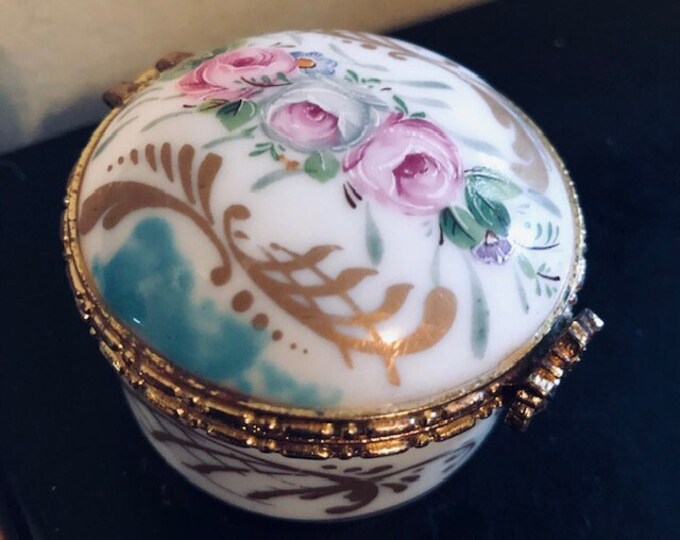 Vintage Round Porcelain Trinket Box With Pink Roses Floral Design Free ...