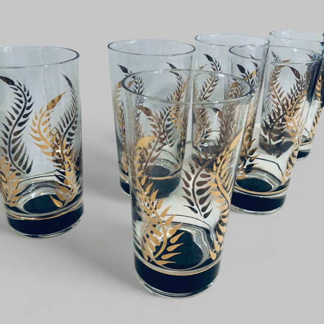 Set of 6 Vintage MCM Gold Fern Leaf Design Highball Glasses Set Free ...