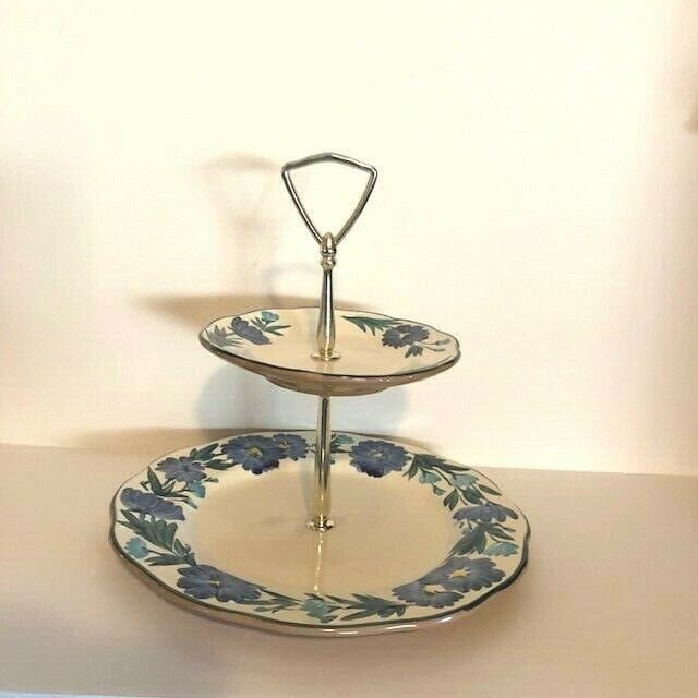 Stangl Pottery Blue Flowers Floral Two Tier Tidbit Tray Tiered USA Hand ...