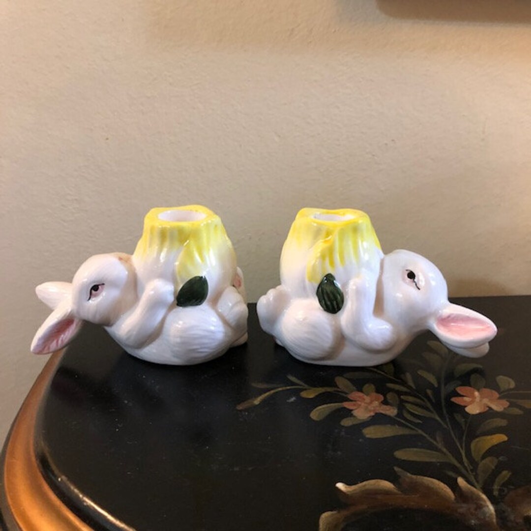 Set of 2 Vintage White Rabbit Bunny Candle Holders Free Shipping Easter ...