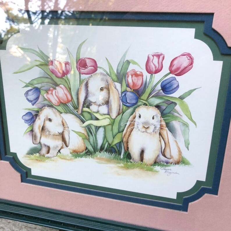 Bunnies and Tulips Print Framed Wall Art Garden Theme Bunny | Etsy