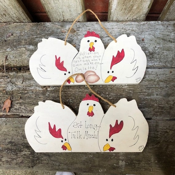 Funny Vintage Country Kitchen Chicken Signs Pair Wood Hand | Etsy