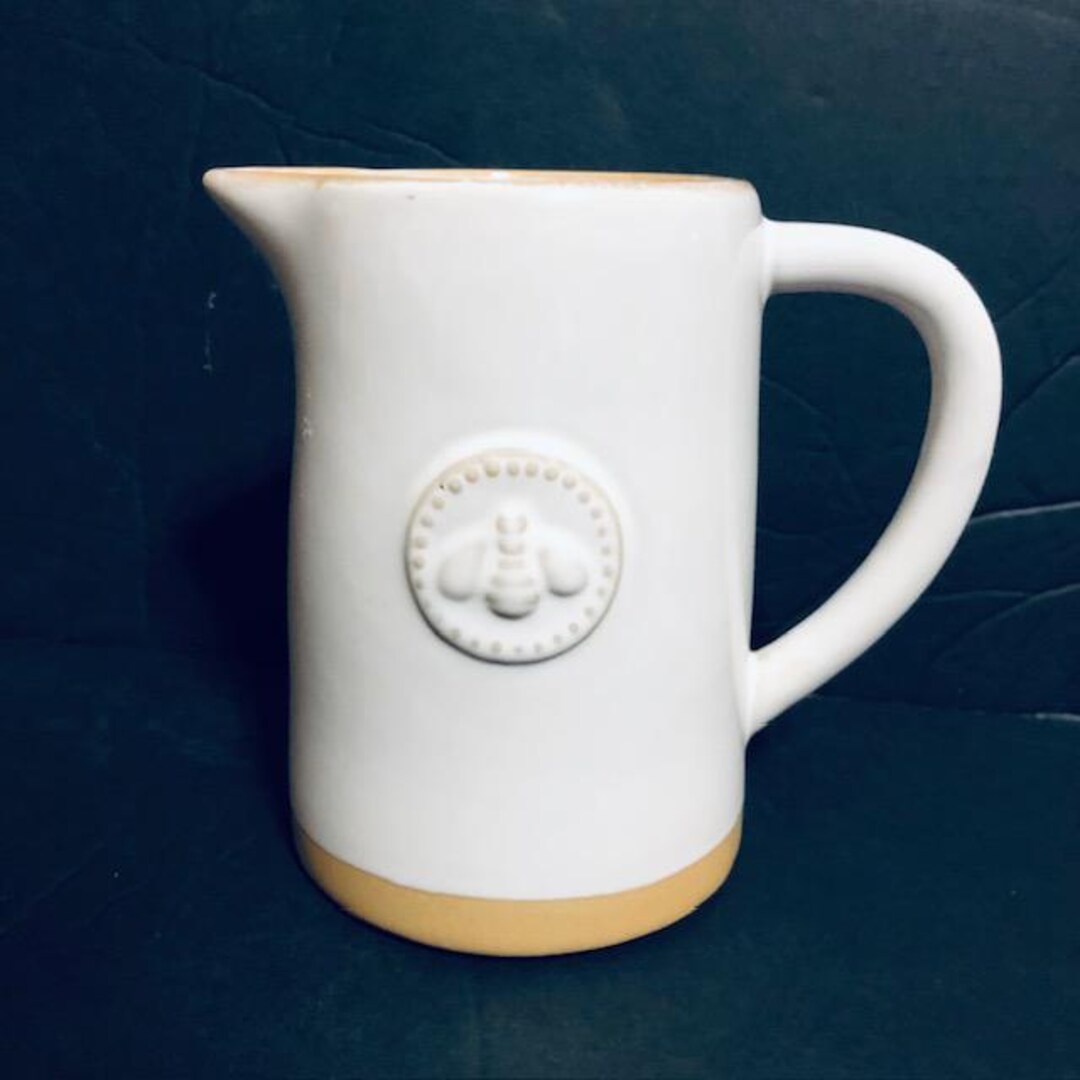 White Bee Themed Ceramic Pitcher Free Shipping Farmhouse Country French ...