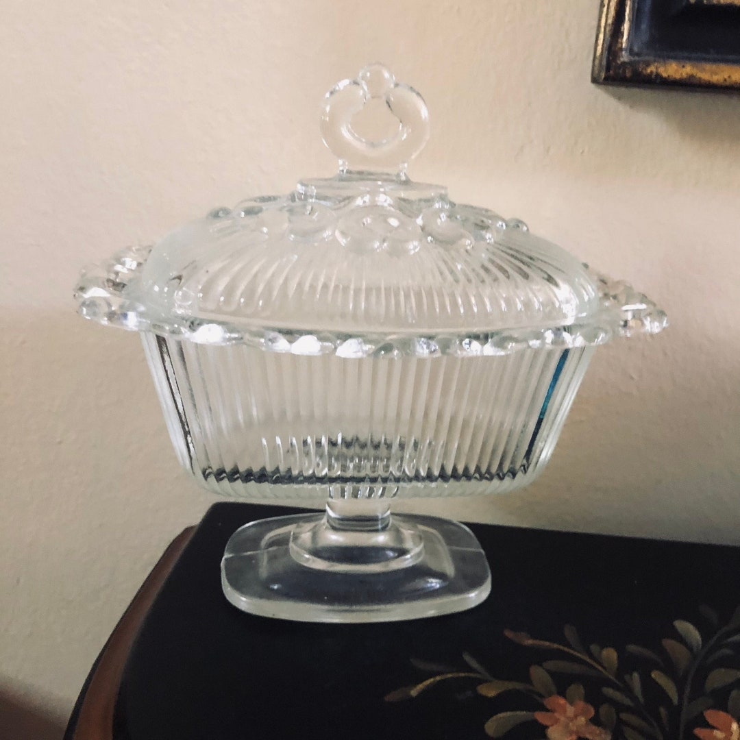 Vintage Open Lace Clear Indiana Glass Rectangle Candy Dish Pedestal ...