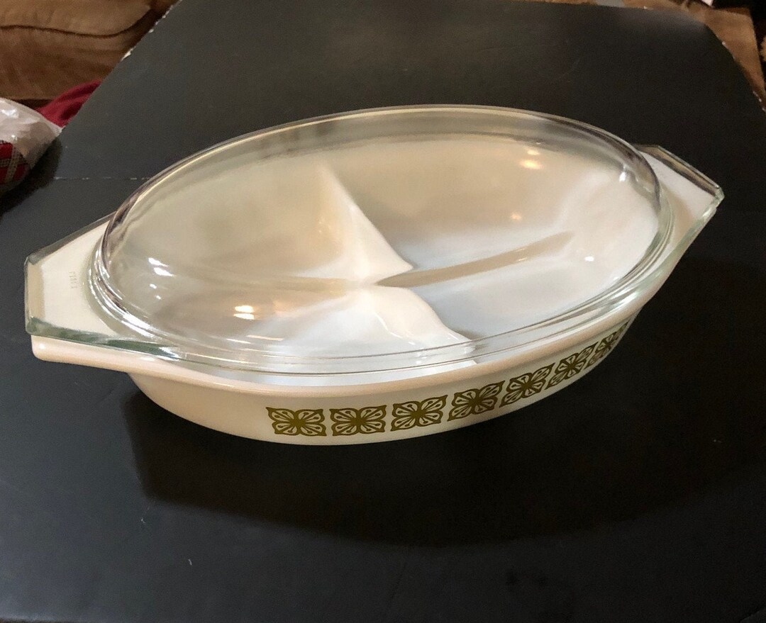 Pyrex Verde Square Flowers Divided White Baking Casserole Dish Serving ...