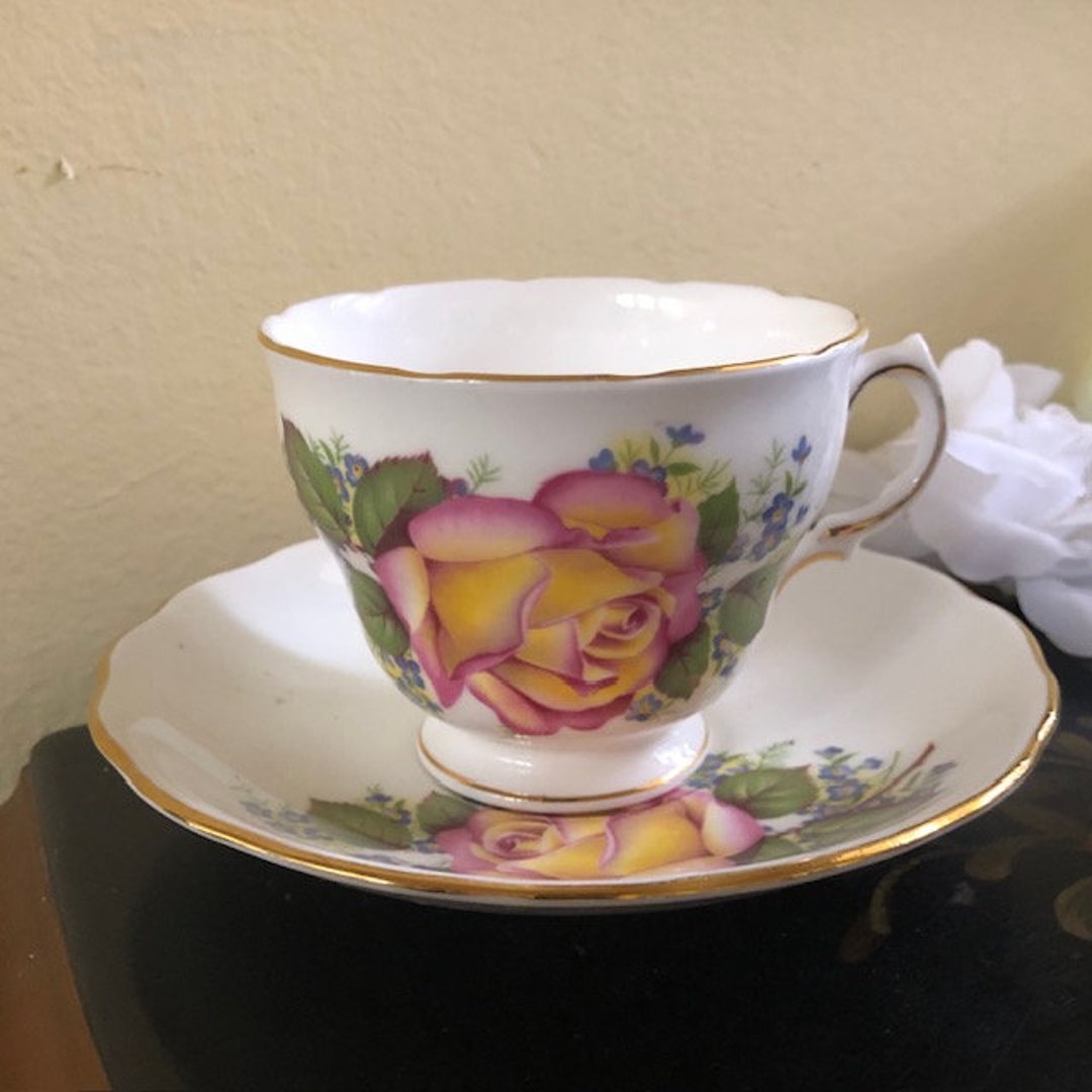 Vintage Royal Vale Pink and Yellow Rose Tea Cup and Saucer Set Bone ...